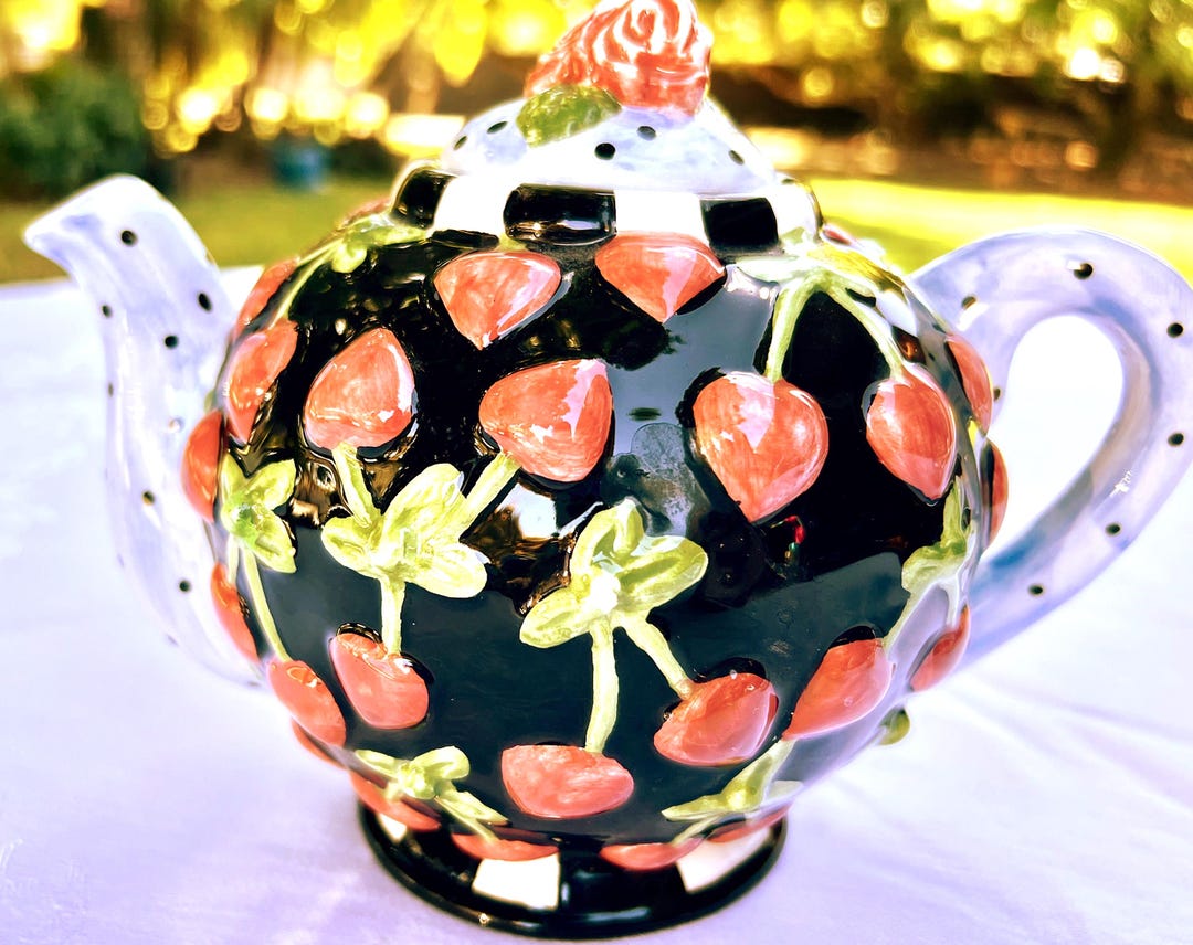 Cherries Ceramic Teapot, 32 Oz, Black and Blue Polka Dot - Etsy