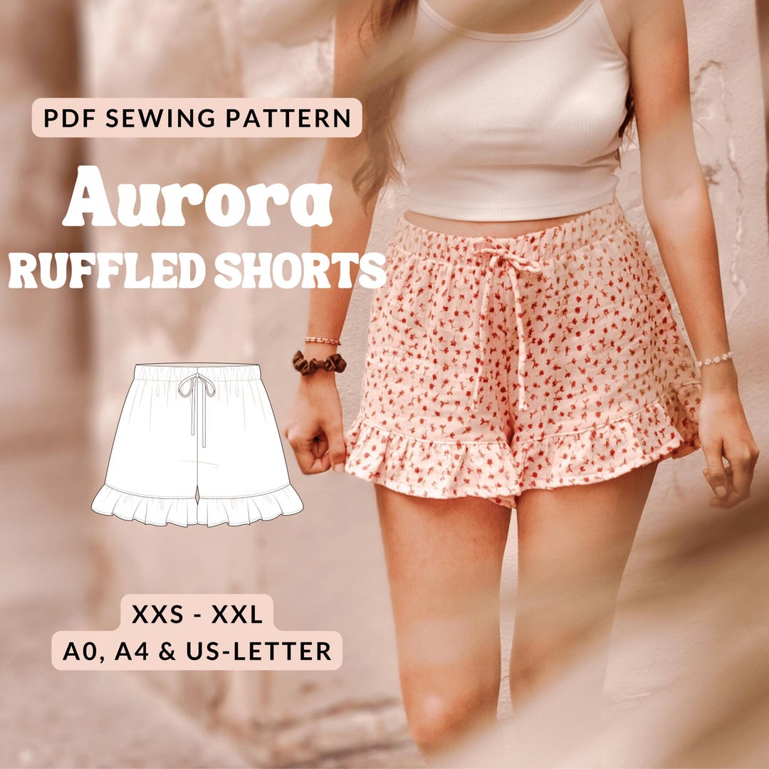 Ruffled Shorts Sewing Pattern Women Shorts With Frills Pattern Ruched Summer Pants With Elastic ...