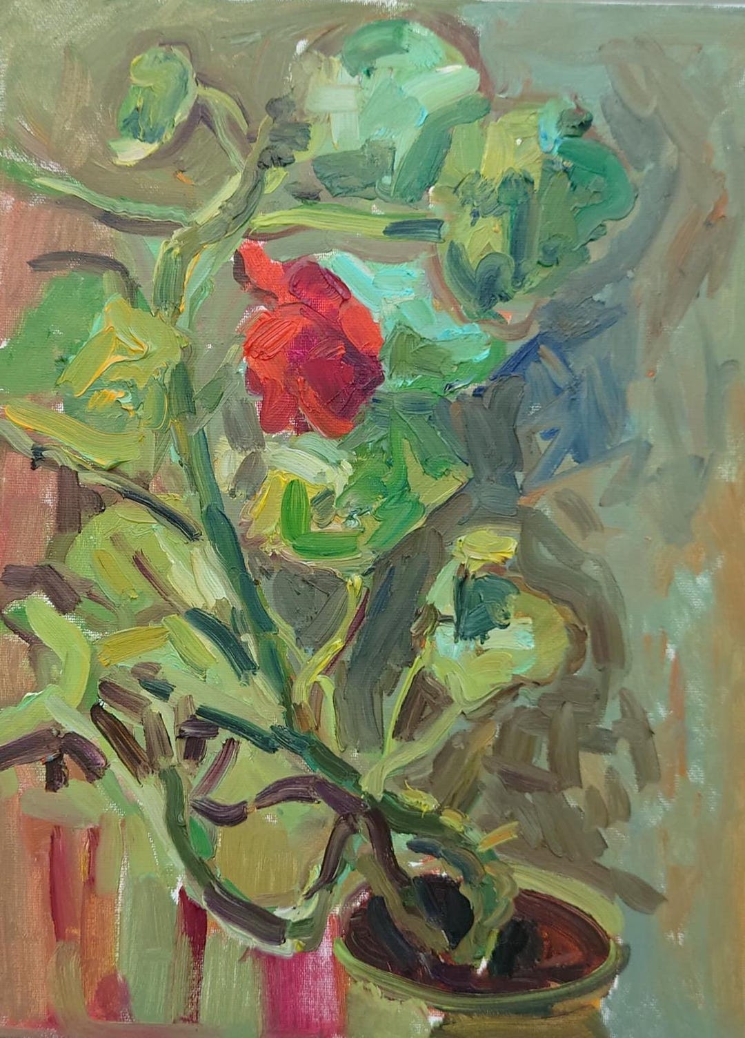 Red Geranium Oil Painting on Canvas, Pelargonium in a Pot, Floral Wall ...
