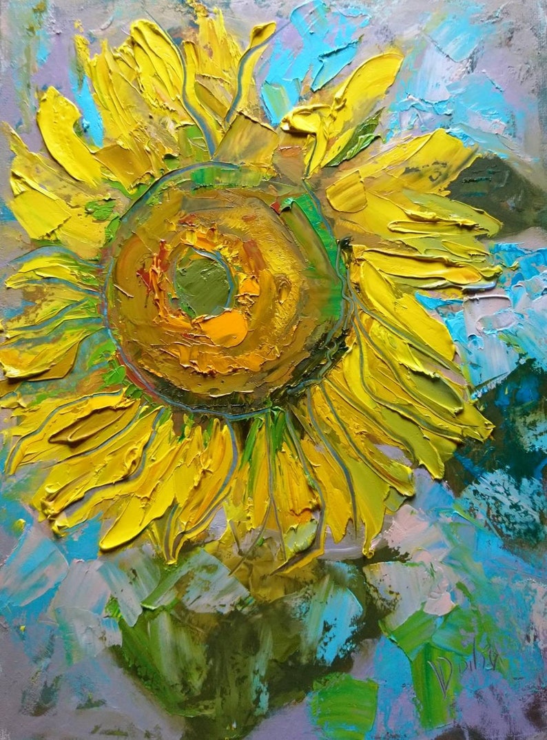 Sunflower Painting, Original Oil Painting on Canvas, Colorful Impasto ...
