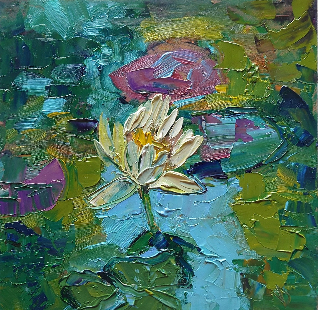 Lotus Painting Original Oil Painting on Cardboard 8 by 8 Textured ...