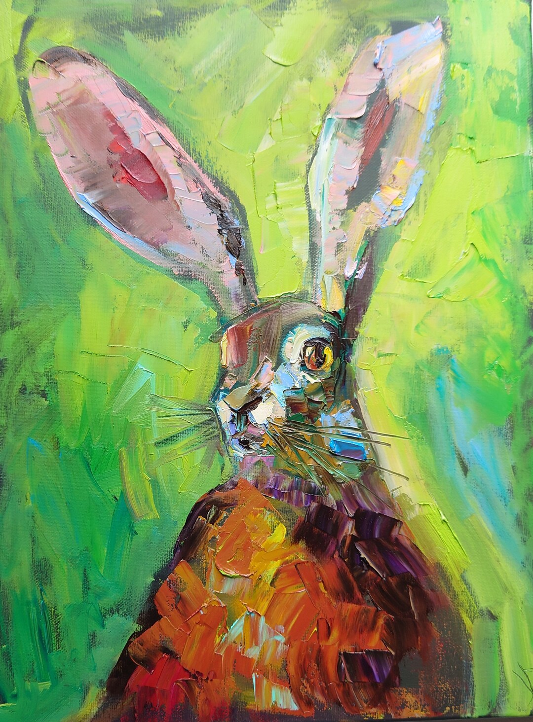 Hare Painting, Original Oil Painting on Stretched Canvas, Colorful ...