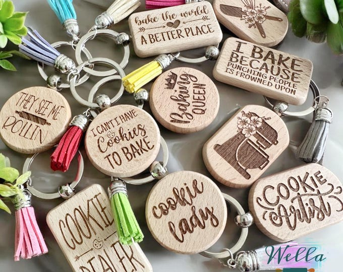 Laser Engraved Wood Cookie Themed Keychain With Tassel, Baking Themed ...