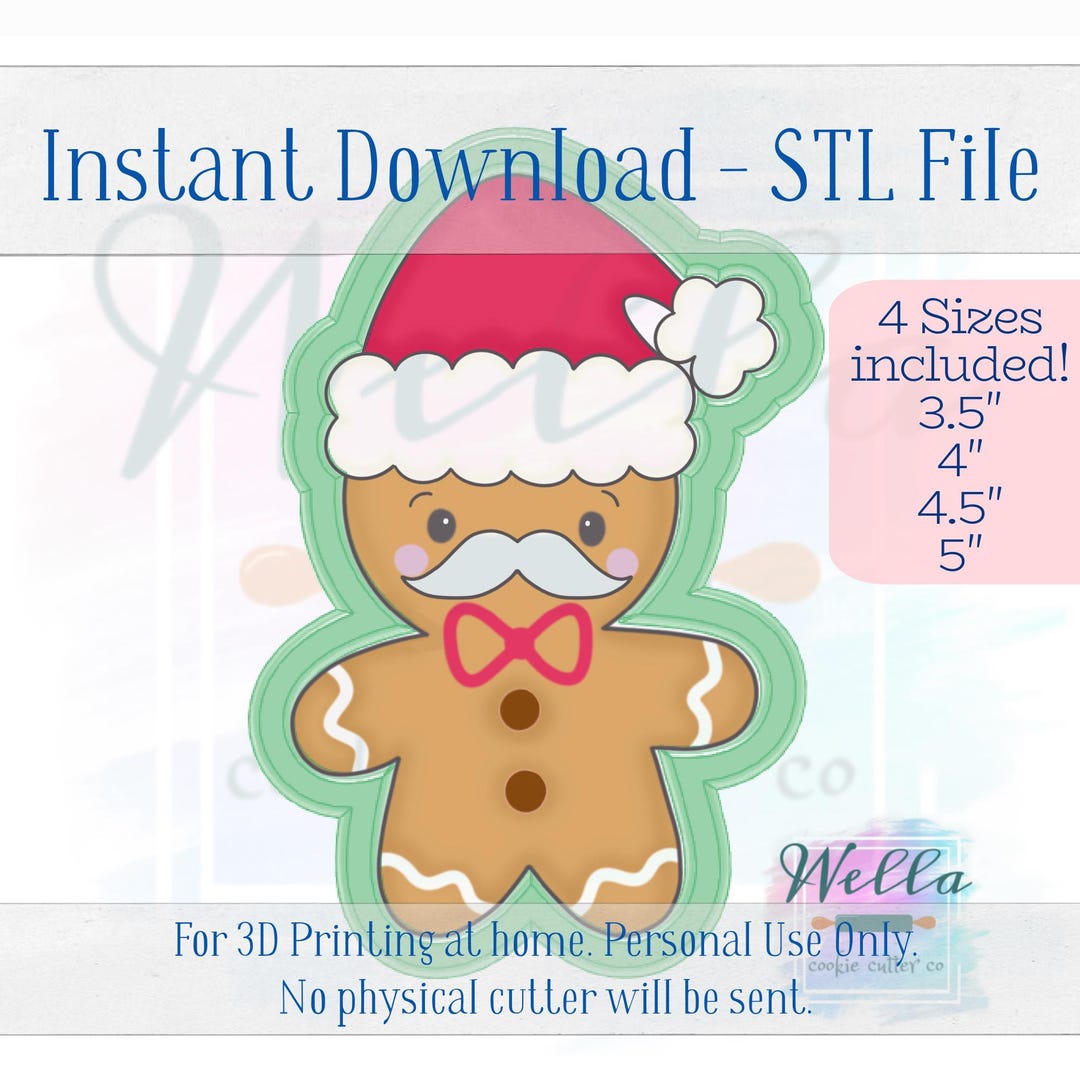 Digital STL File - Gingerbread Man With Santa Hat Cookie Cutter - 4 ...