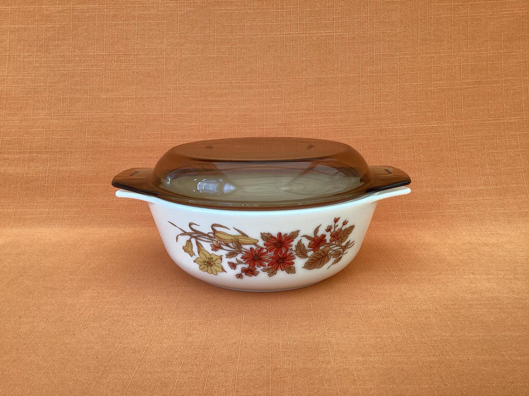 Pyrex Harvest Spray Casserole Dish With Smoked Glass Lid, 1980s Pyrex ...
