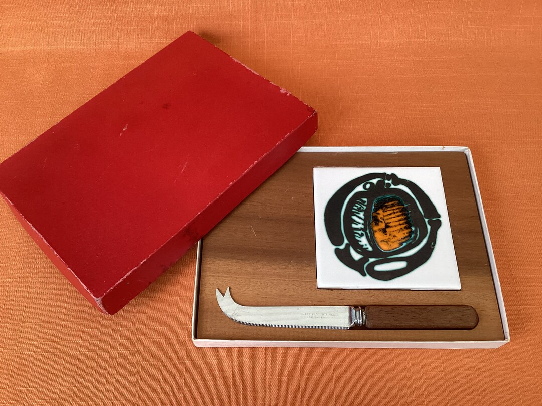 1970s Retro Cheese Board Set: Ceramic Tile, Stainless Knife, Original ...
