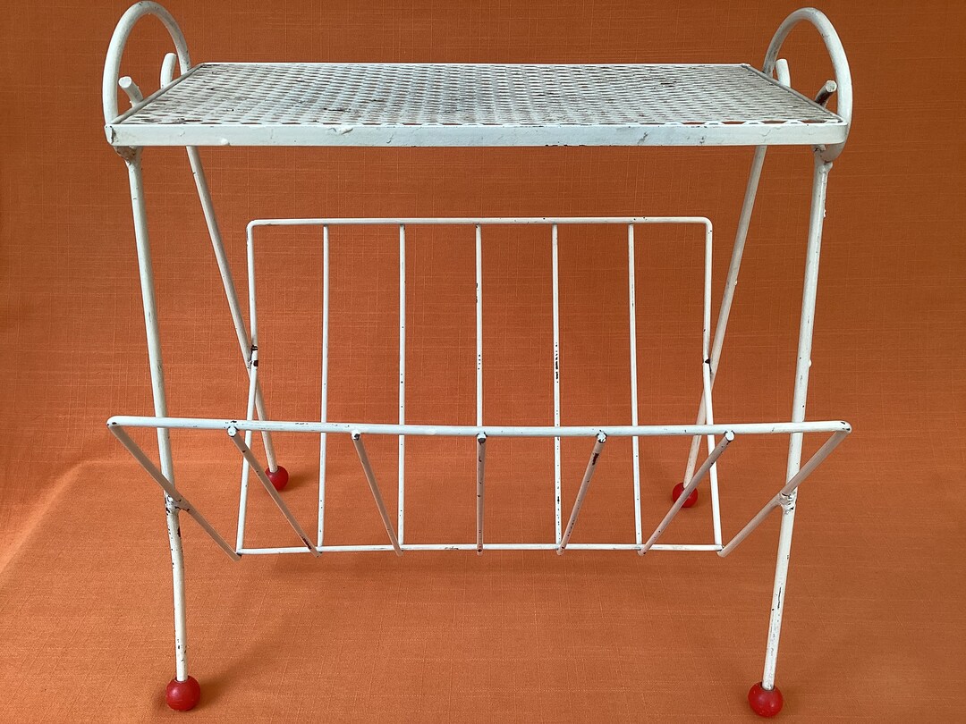 1950s White Atomic Magazine Rack With Shelf and Red Ball Feet, Mid ...
