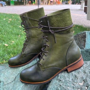 Green Leather Boots, Handmade Boots, Green Lace up Boots Women, Boots ...