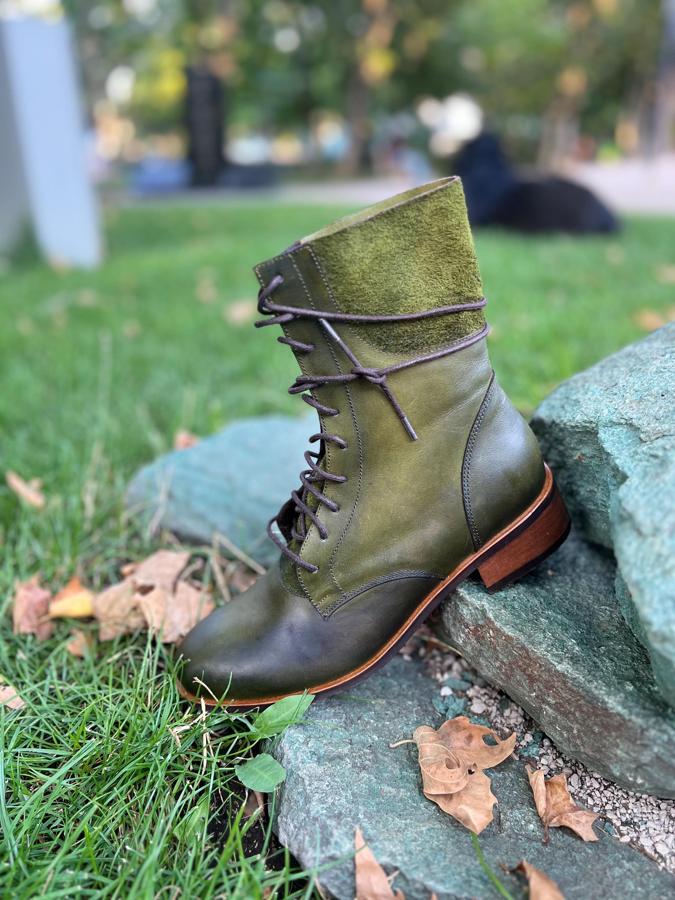 Green Leather Boots, Handmade Boots, Green Lace up Boots Women, Boots ...