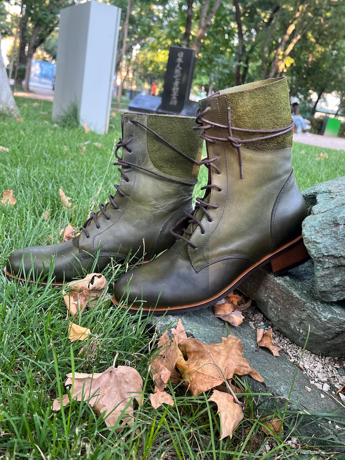 Green Leather Boots, Handmade Boots, Green Lace up Boots Women, Boots ...