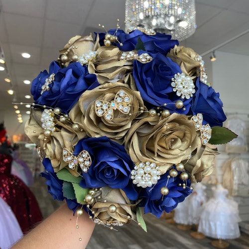 Navy Blue and Gold With Ivory Bouquet - Etsy