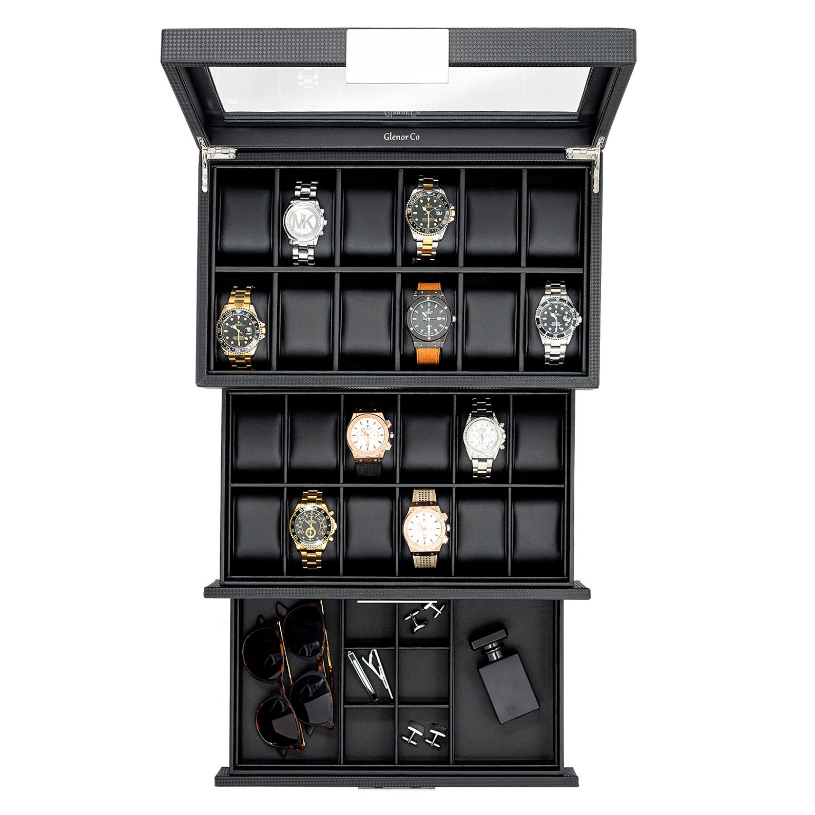 Personalized Watch Box With Valet Drawer for Men - 24 Slot Watch Case ...