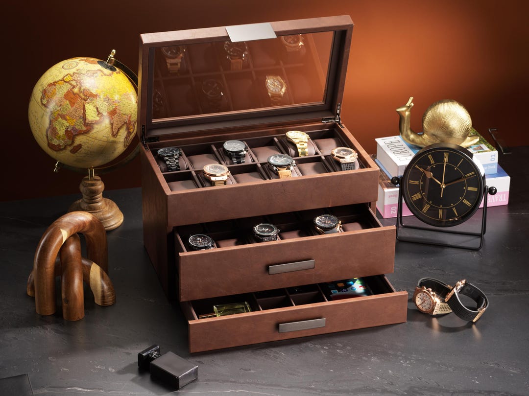 Personalized Watch Box With Valet Drawer for Men - 24 Slot Watch Case ...