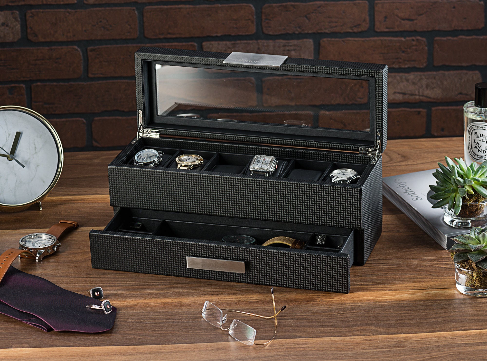 Personalized Watch Box W/ Valet Drawer for Men, 6 Slot, Monogrammed ...