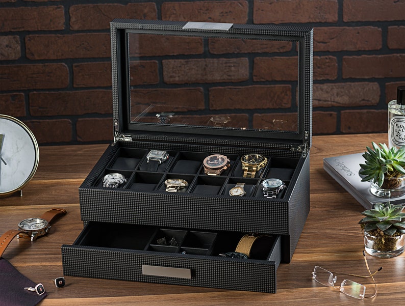 Personalized Watch Box With Valet Drawer for Men, 12 Slot, Monogrammed ...