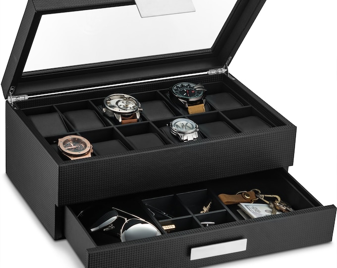 Personalized Watch Box With Valet Drawer for Men, 12 Slot, Monogrammed ...
