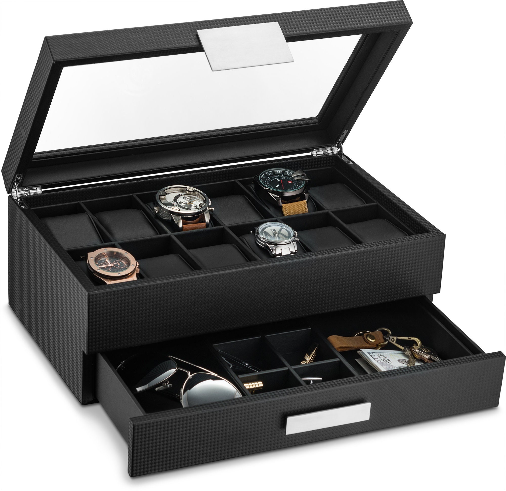 Personalized Watch Box With Valet Drawer for Men, 12 Slot, Monogrammed ...