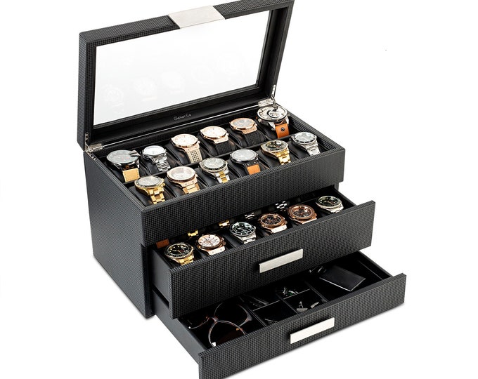 Personalized Watch Box With Valet Drawer for Men - 24 Slot Watch Case ...