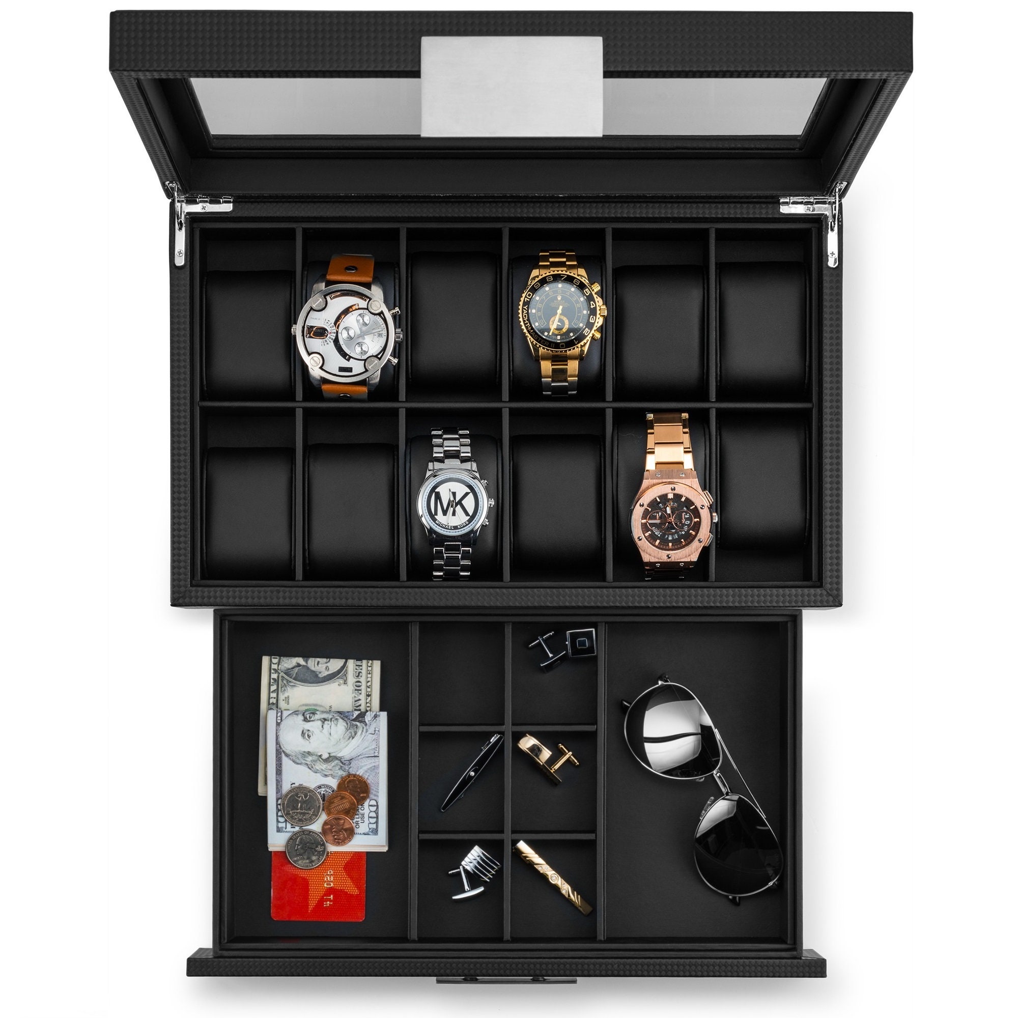 Personalized Watch Box With Valet Drawer for Men, 12 Slot, Monogrammed ...