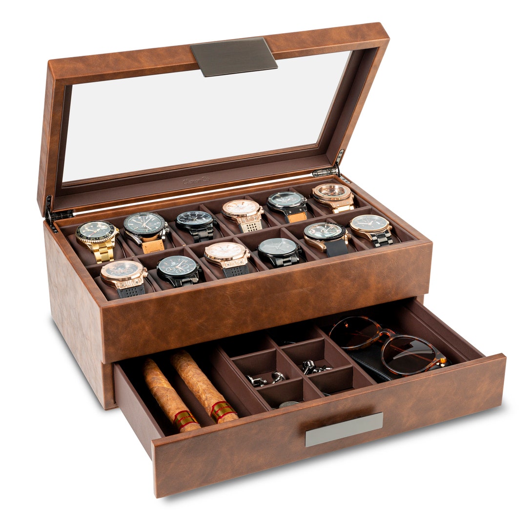 Personalized Watch Box With Valet Drawer for Men, 12 Slot, Monogrammed ...