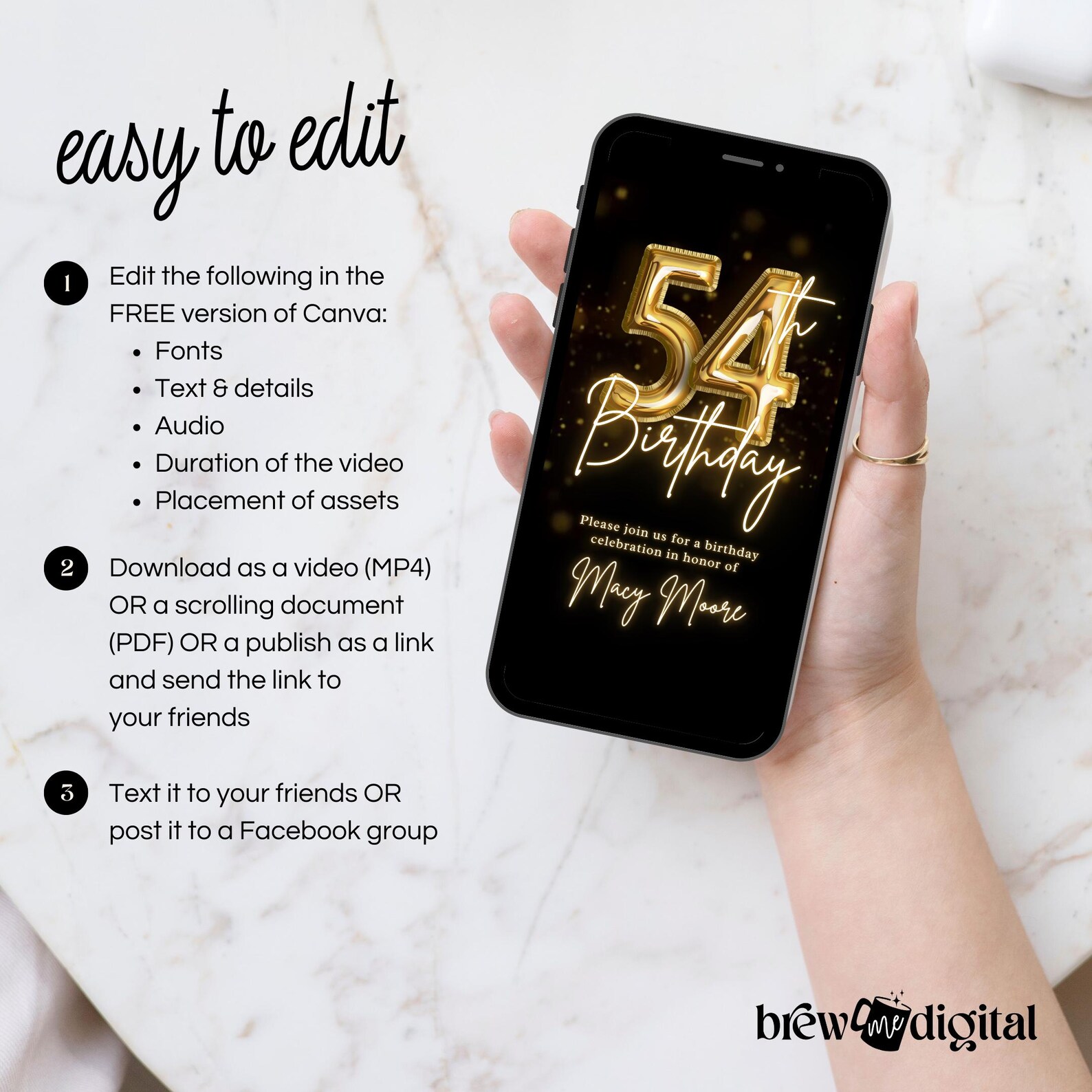 Digital 54th Birthday Party Invitation | Animated Black Gold Dinner ...