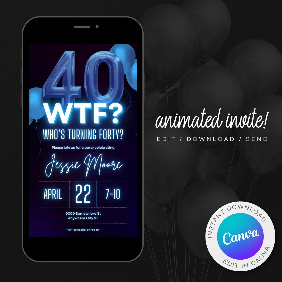 Animated 40th Birthday Invitation: Blue Balloons, WTF Theme (canva ...