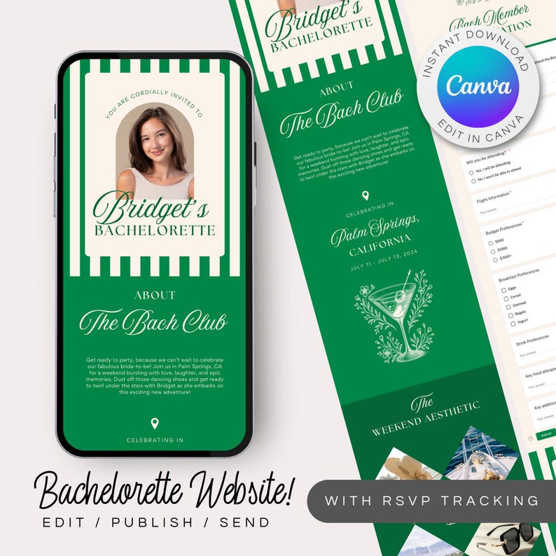 Green Bachelorette Itinerary Template: Preppy Mobile Website (canva) - Etsy