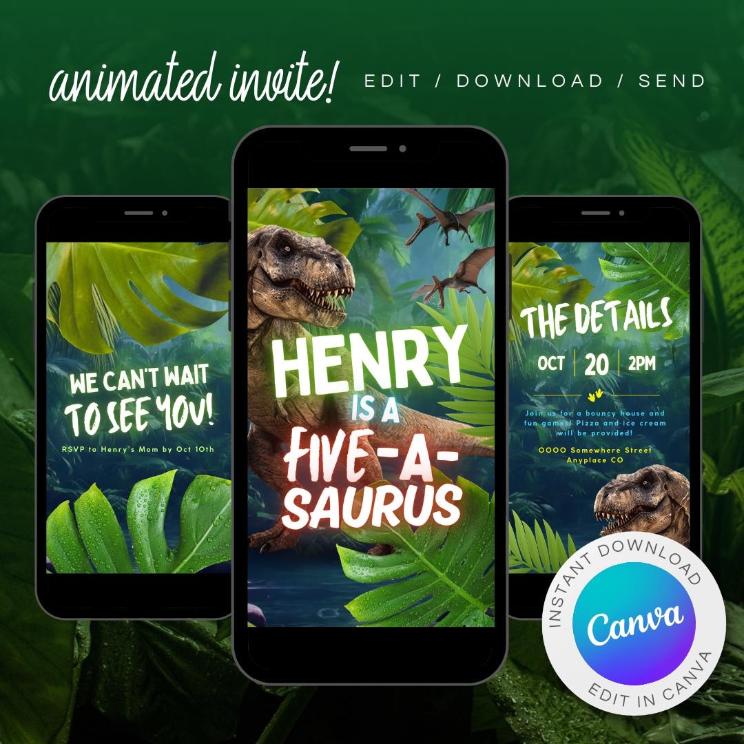 Five-a-saurus Birthday Video Invitation: Dinosaur Theme (editable Canva ...