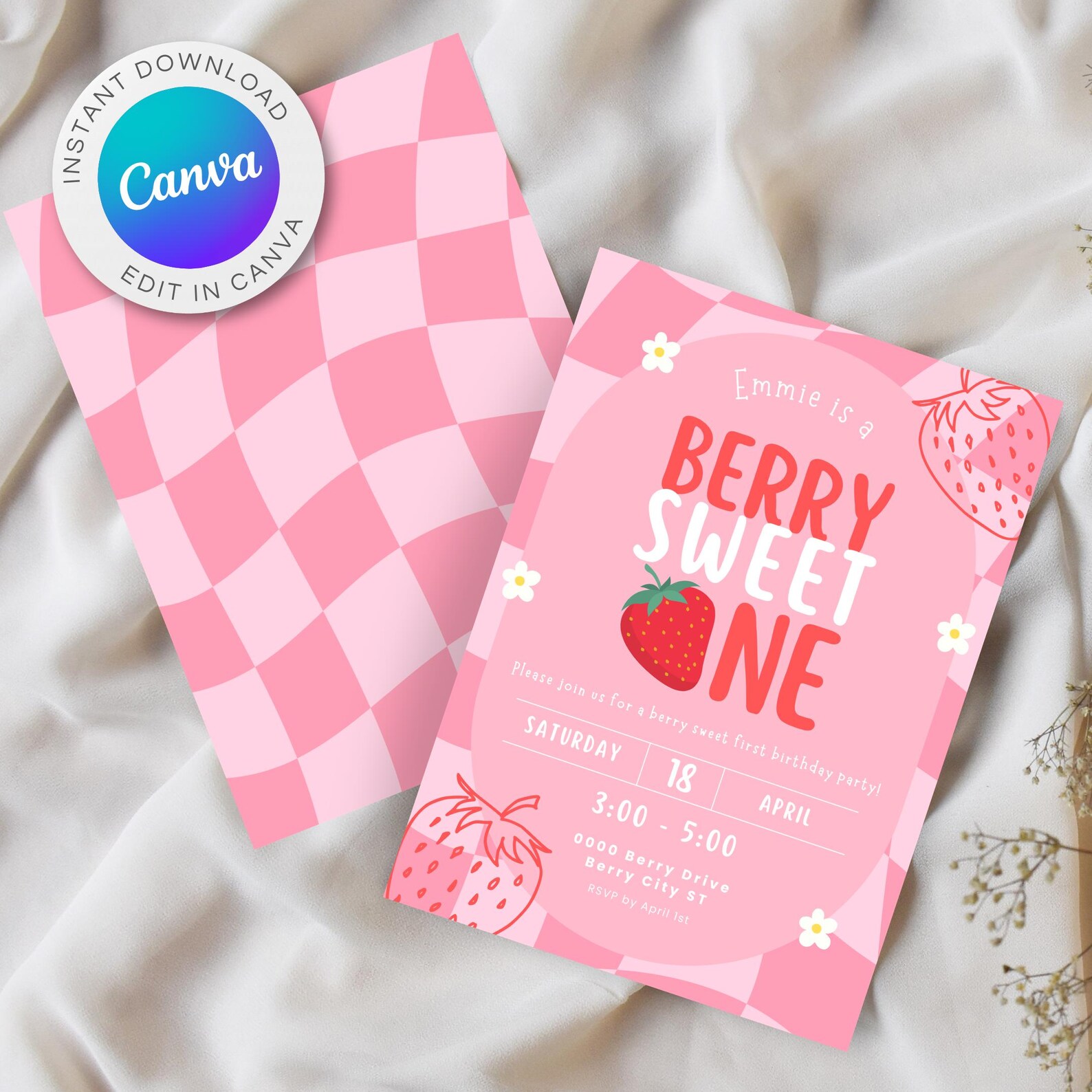 Berry Sweet ONE Birthday Invitation: Strawberry Daisy, Pink ...