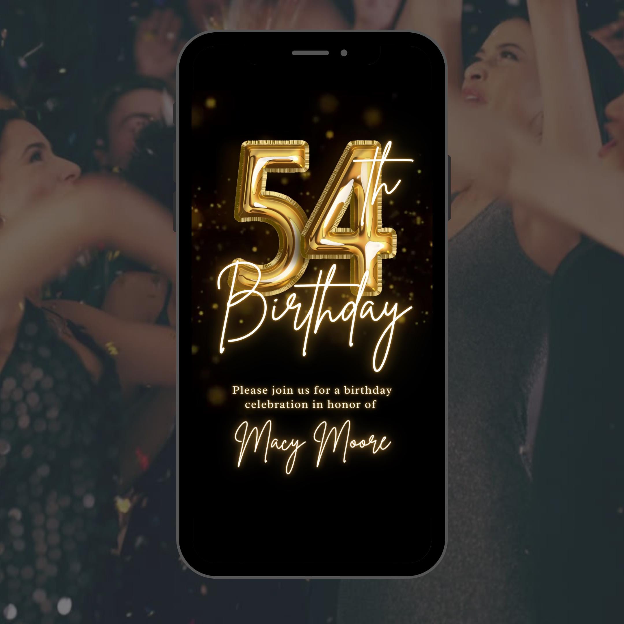 Digital 54th Birthday Party Invitation | Animated Black Gold Dinner ...