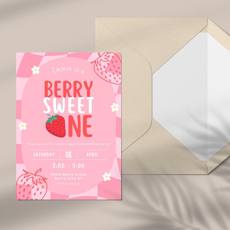 Berry Sweet ONE Birthday Invitation: Strawberry Daisy, Pink ...