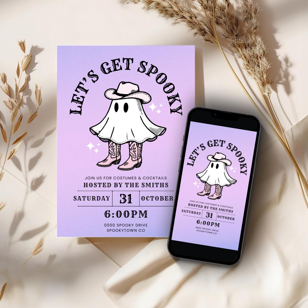 Halloween Ghost Costume Cocktail Party Invite Let's Get Spooky Western ...