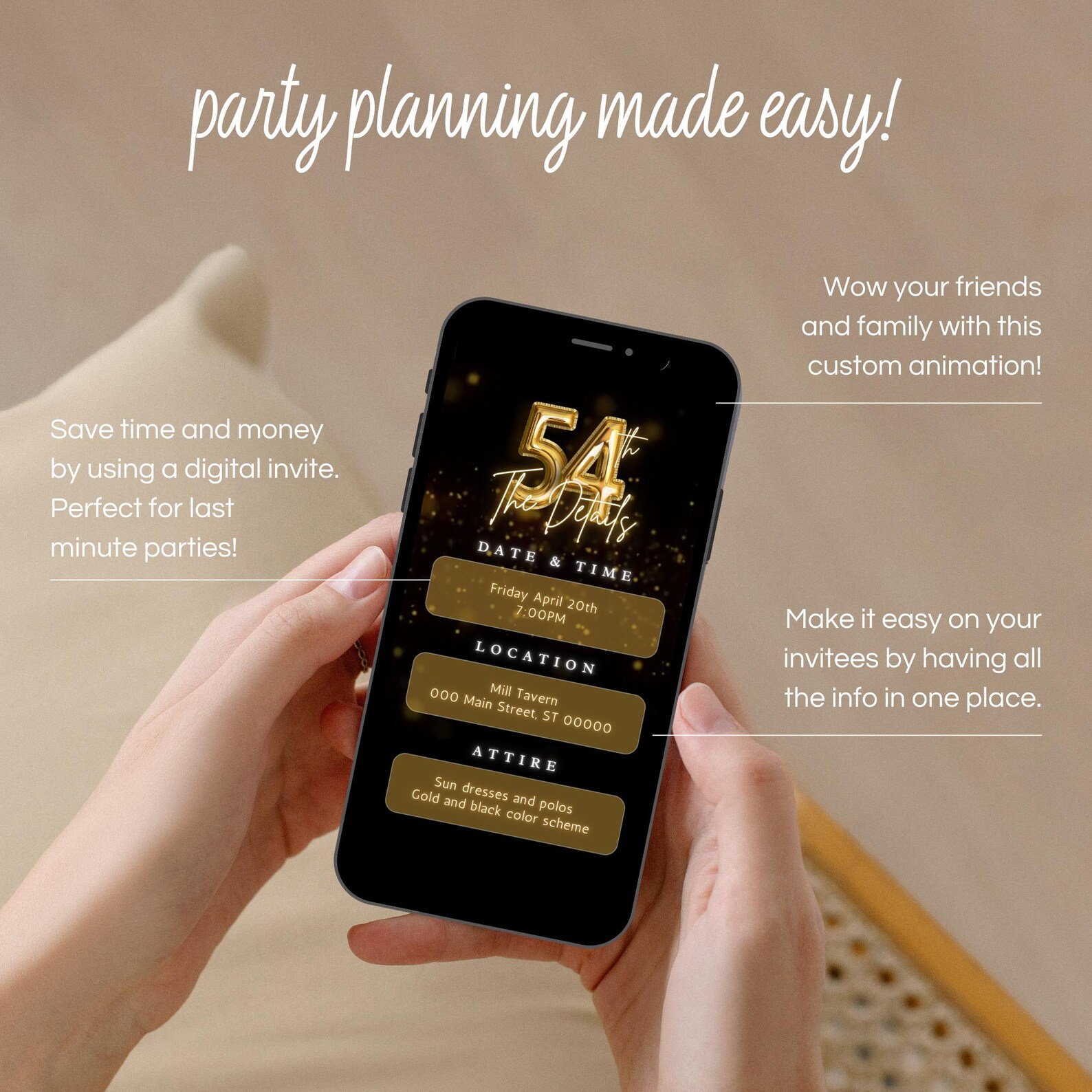Digital 54th Birthday Party Invitation | Animated Black Gold Dinner ...