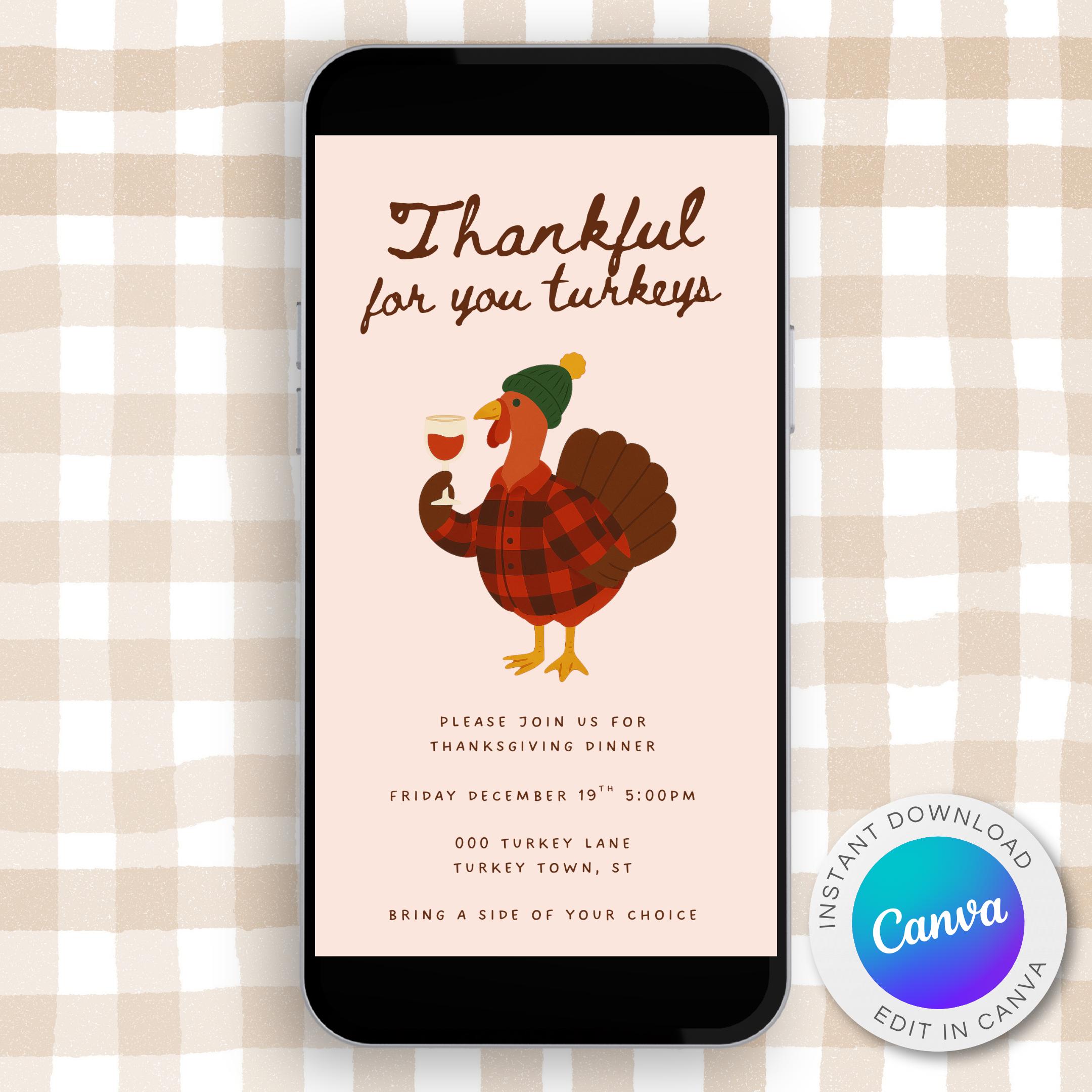 Funny Turkey Thanksgiving Dinner Invitation | Editable Canva Template ...