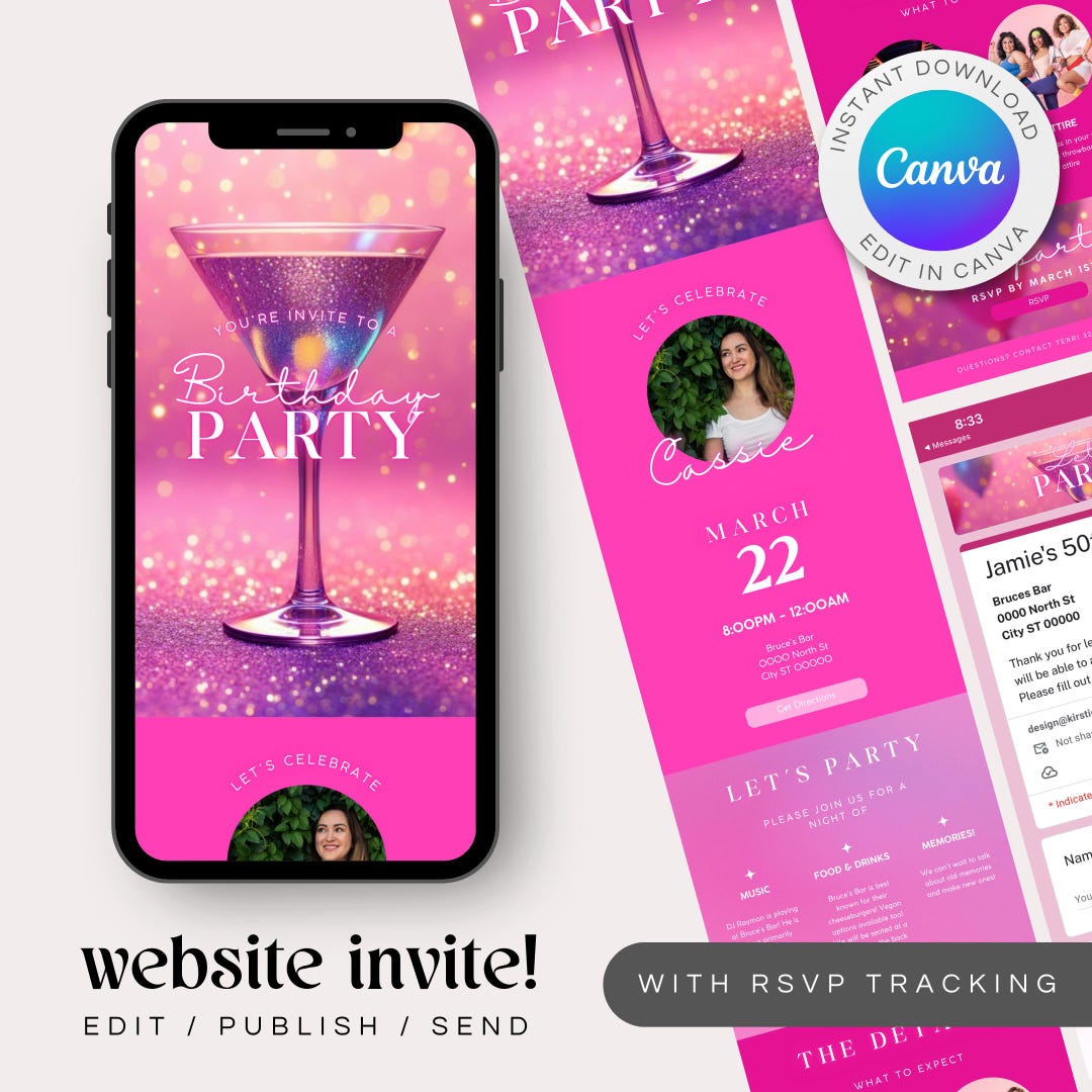 Pink Glitter Martini Birthday Party Invitation Website (digital ...