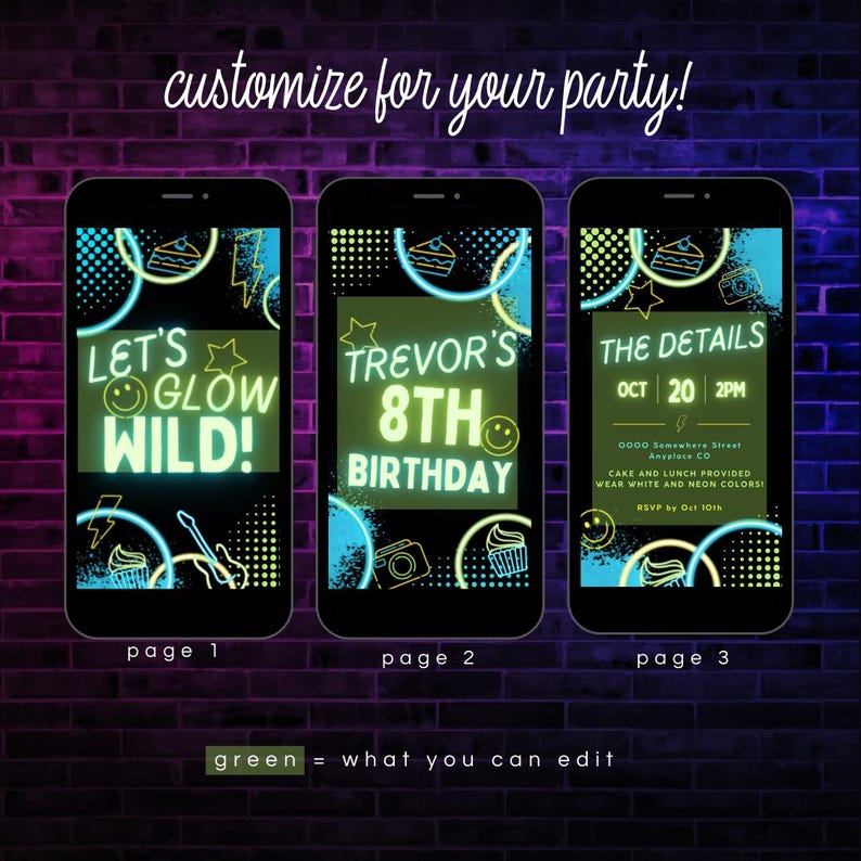 Neon Glow Birthday Video Invitation: Animated Kids Party Template ...