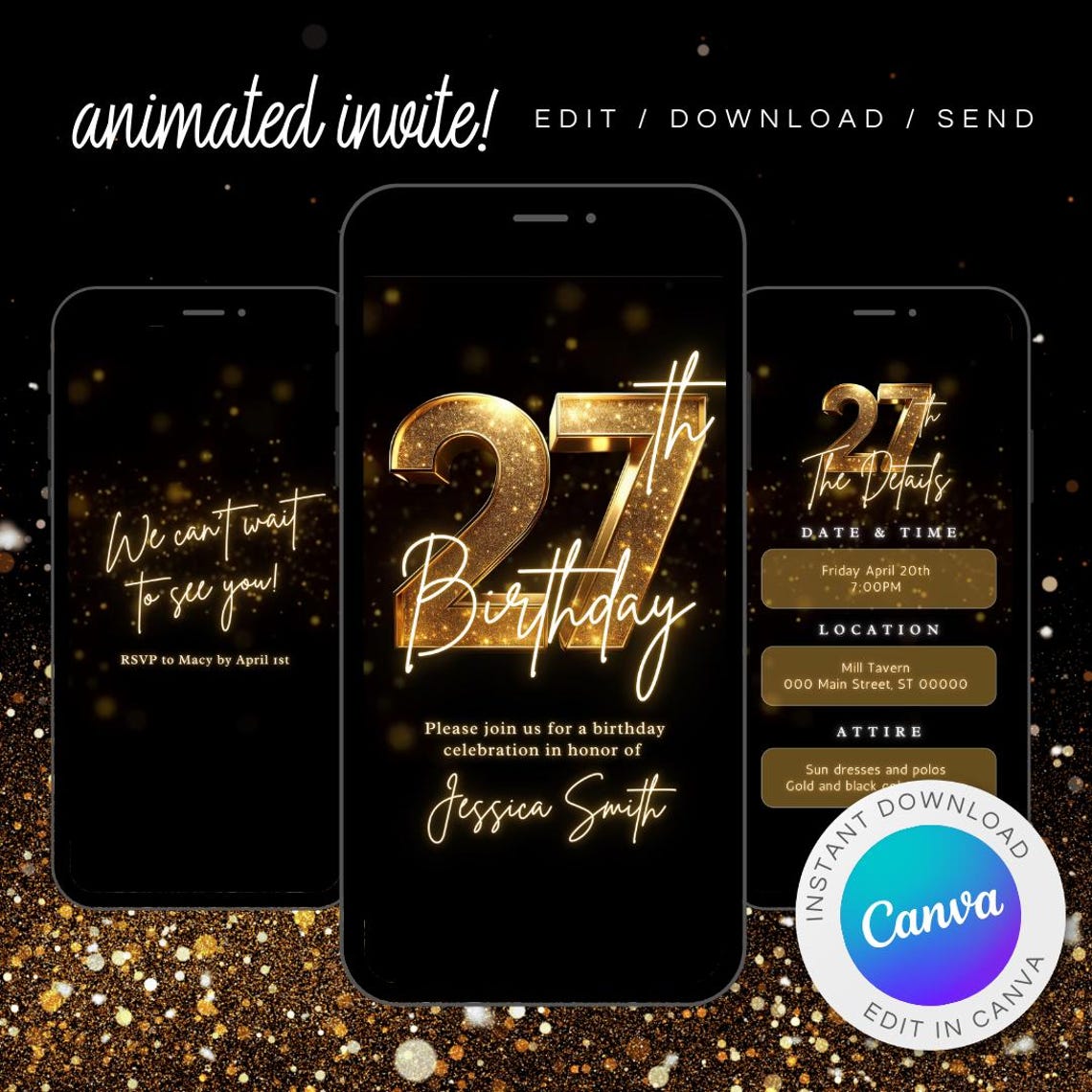 Animated 27th Birthday Invitation: Black & Gold Dinner Evite (digital ...