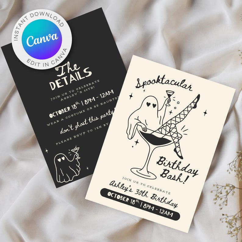 Ghost Martini Birthday Party Invite | 5x7 | Canva Editable Template ...
