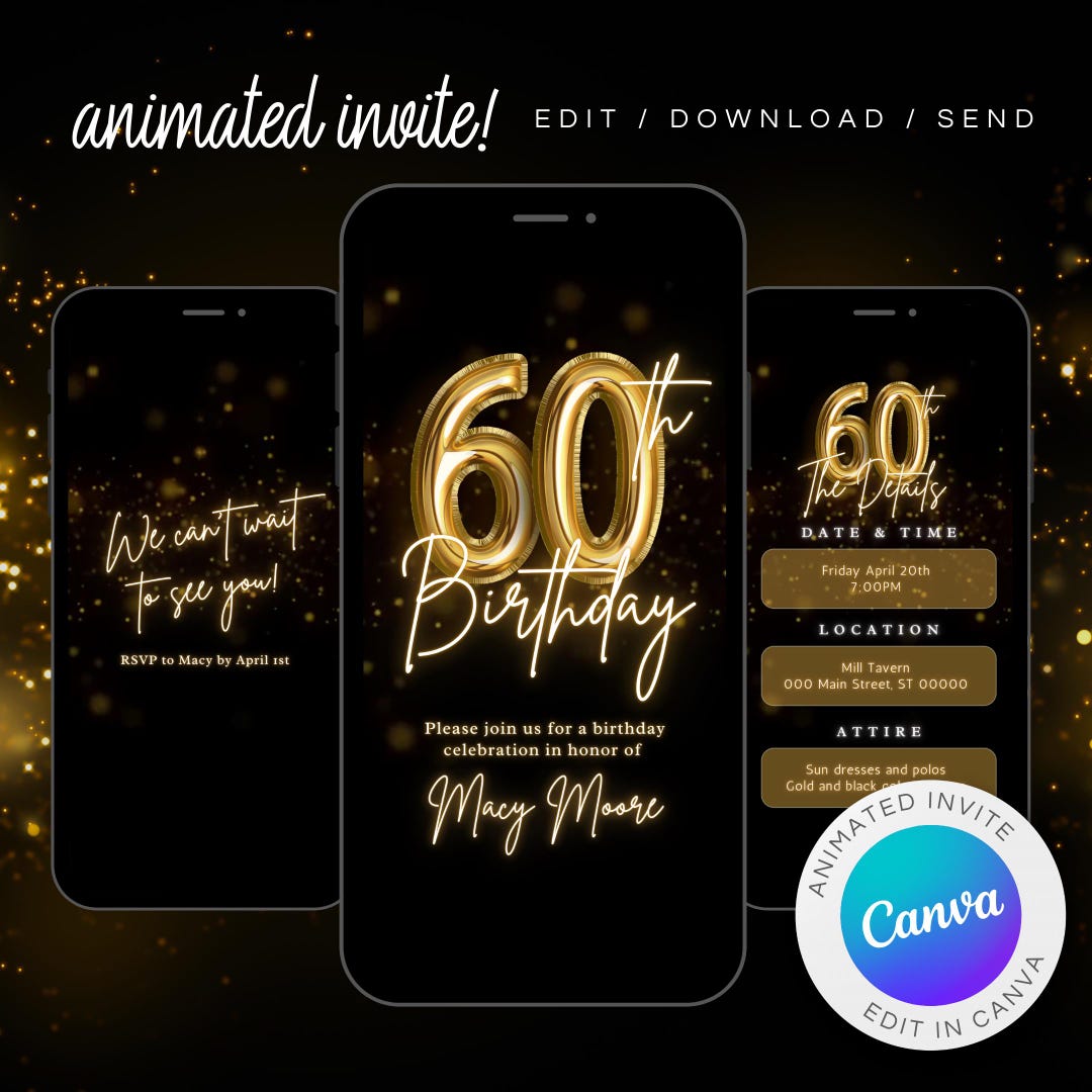 Animated 60th Birthday Invitation: Black & Gold Dinner Party (digital ...