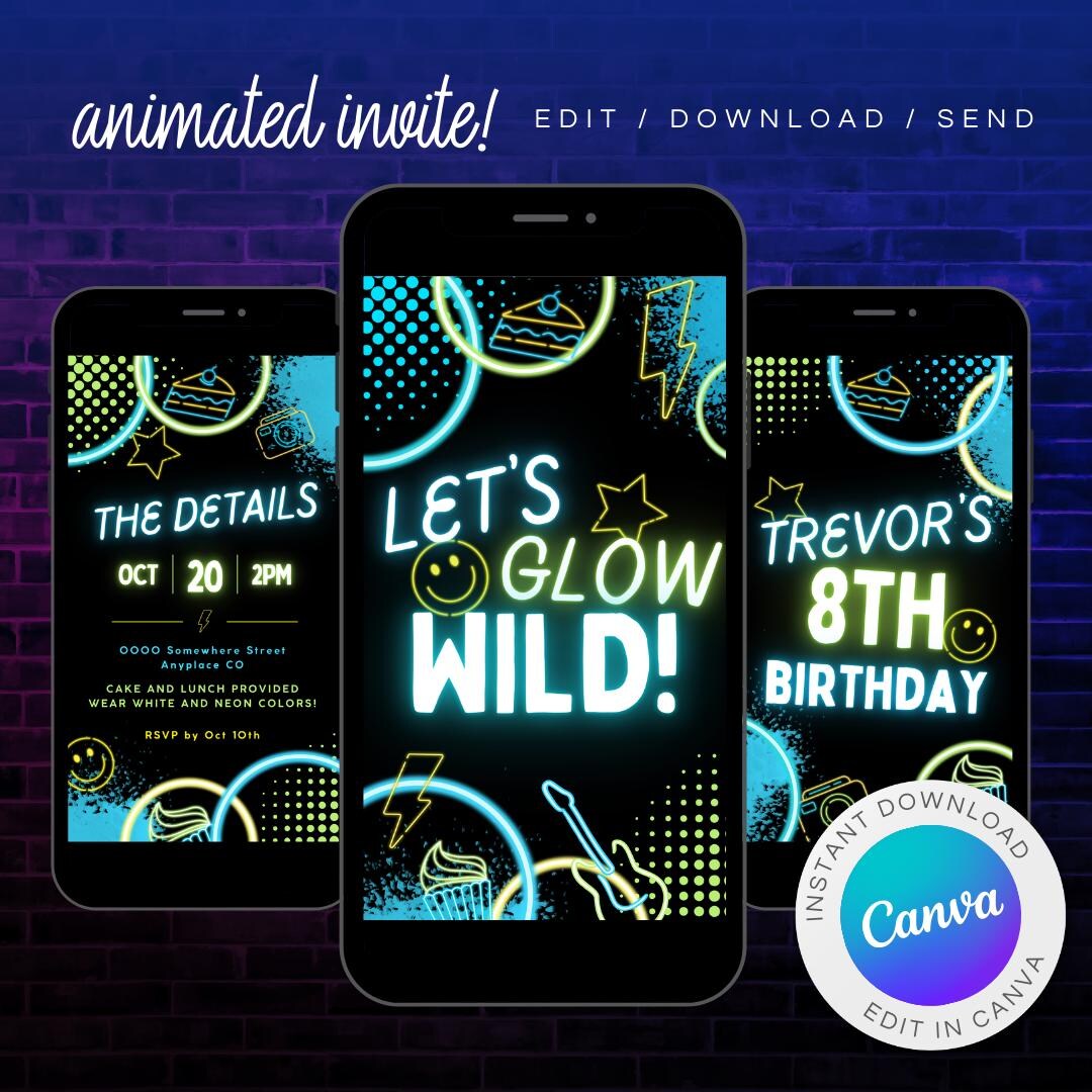Neon Glow Birthday Video Invitation: Animated Kids Party Template ...