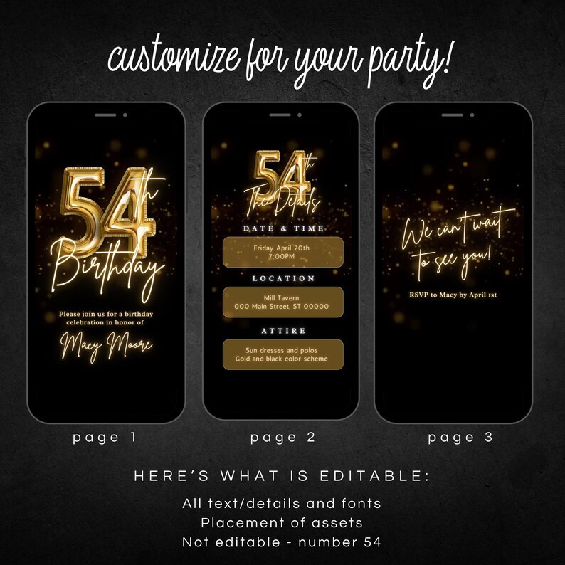 Digital 54th Birthday Party Invitation | Animated Black Gold Dinner ...