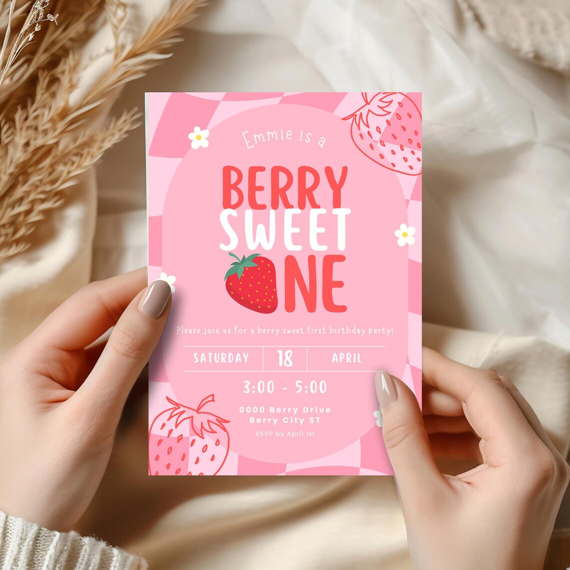 Berry Sweet ONE Birthday Invitation: Strawberry Daisy, Pink ...