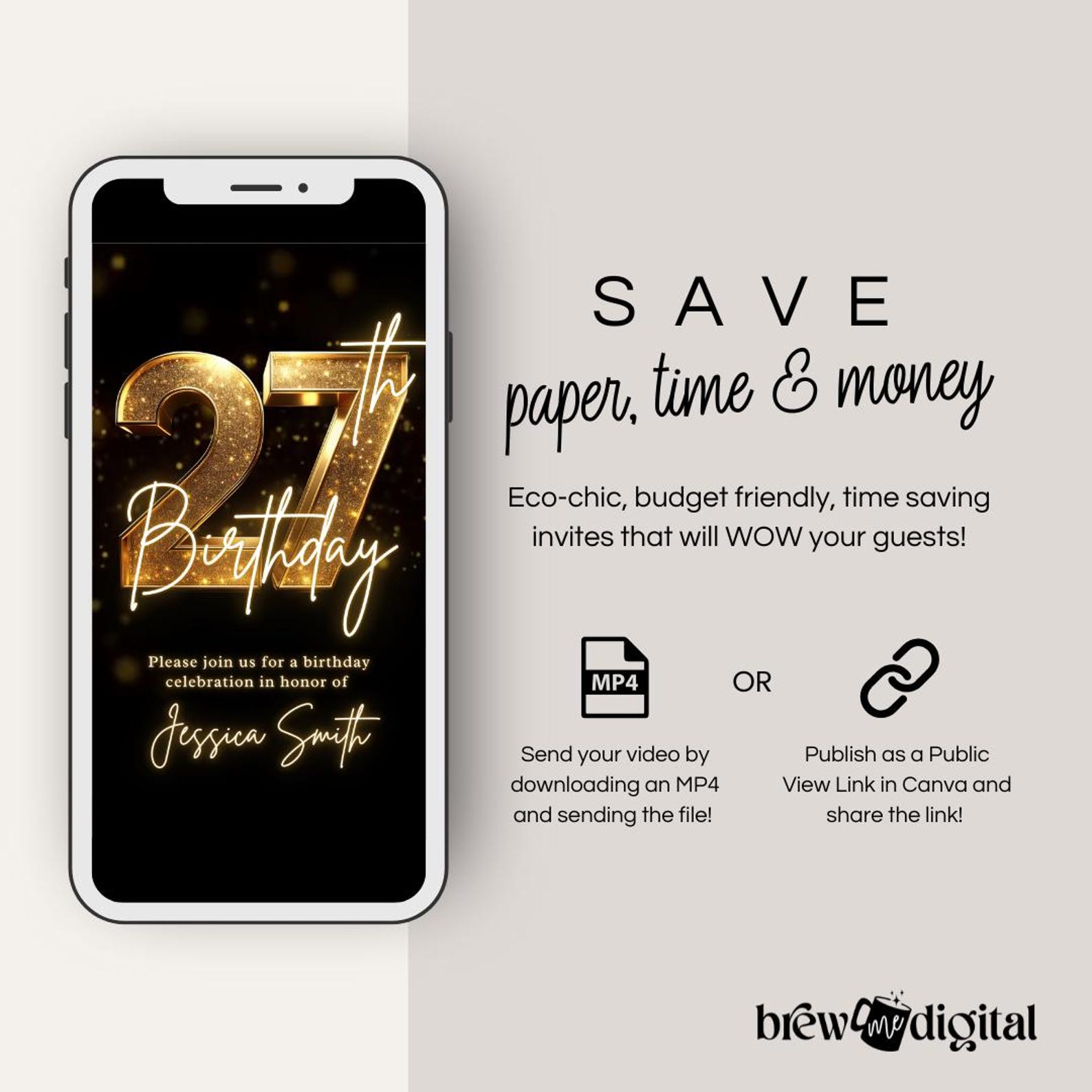 Animated 27th Birthday Invitation: Black & Gold Dinner Evite (digital ...