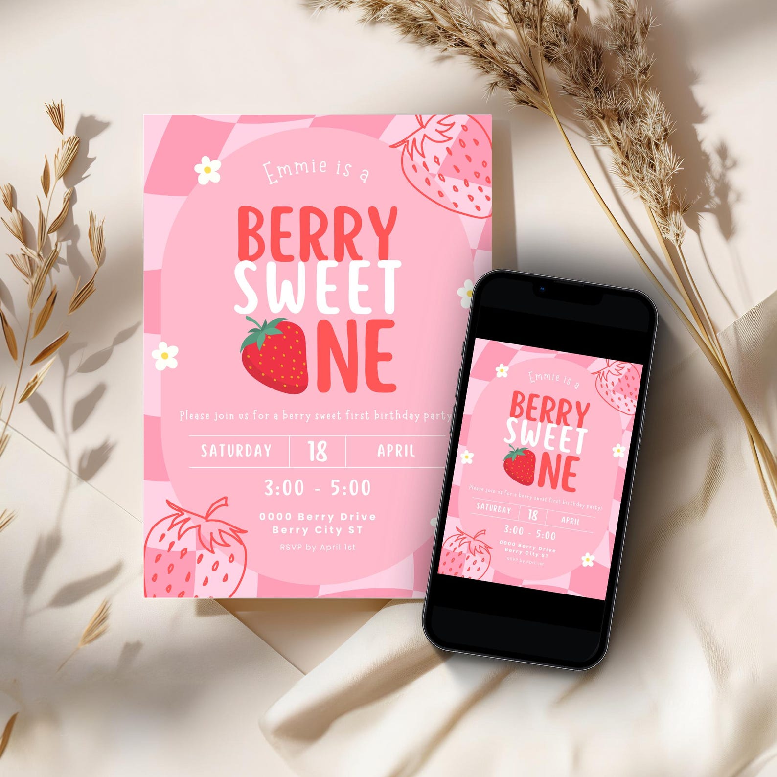 Berry Sweet ONE Birthday Invitation: Strawberry Daisy, Pink ...