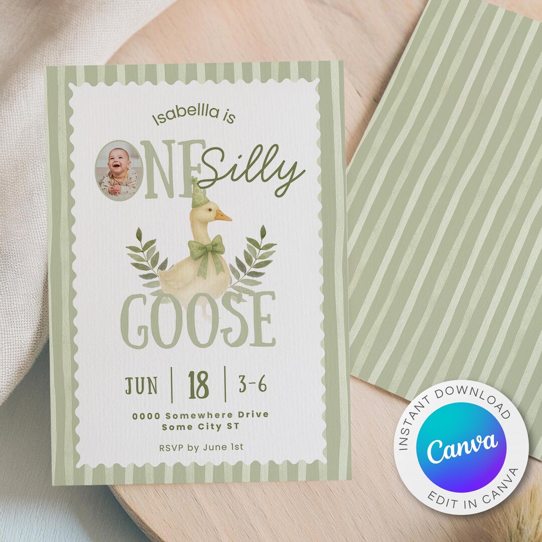 One Silly Goose Birthday Invitation Template, Editable Goose 1st ...