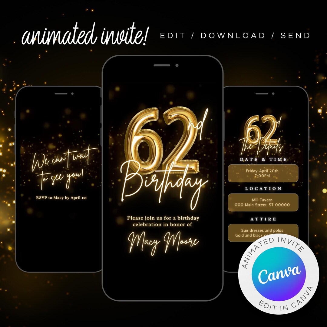 Animated 62nd Birthday Invitation: Black & Gold Dinner Evite (digital ...