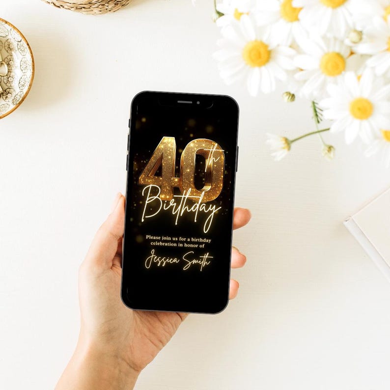 Animated 40th Birthday Invitation: Black & Gold Dinner Party (digital ...