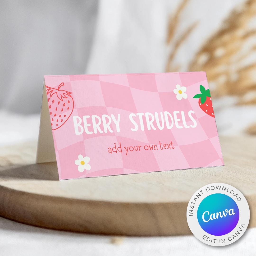 Berry First Birthday Food Label Tents: Strawberry Theme (canva Template ...