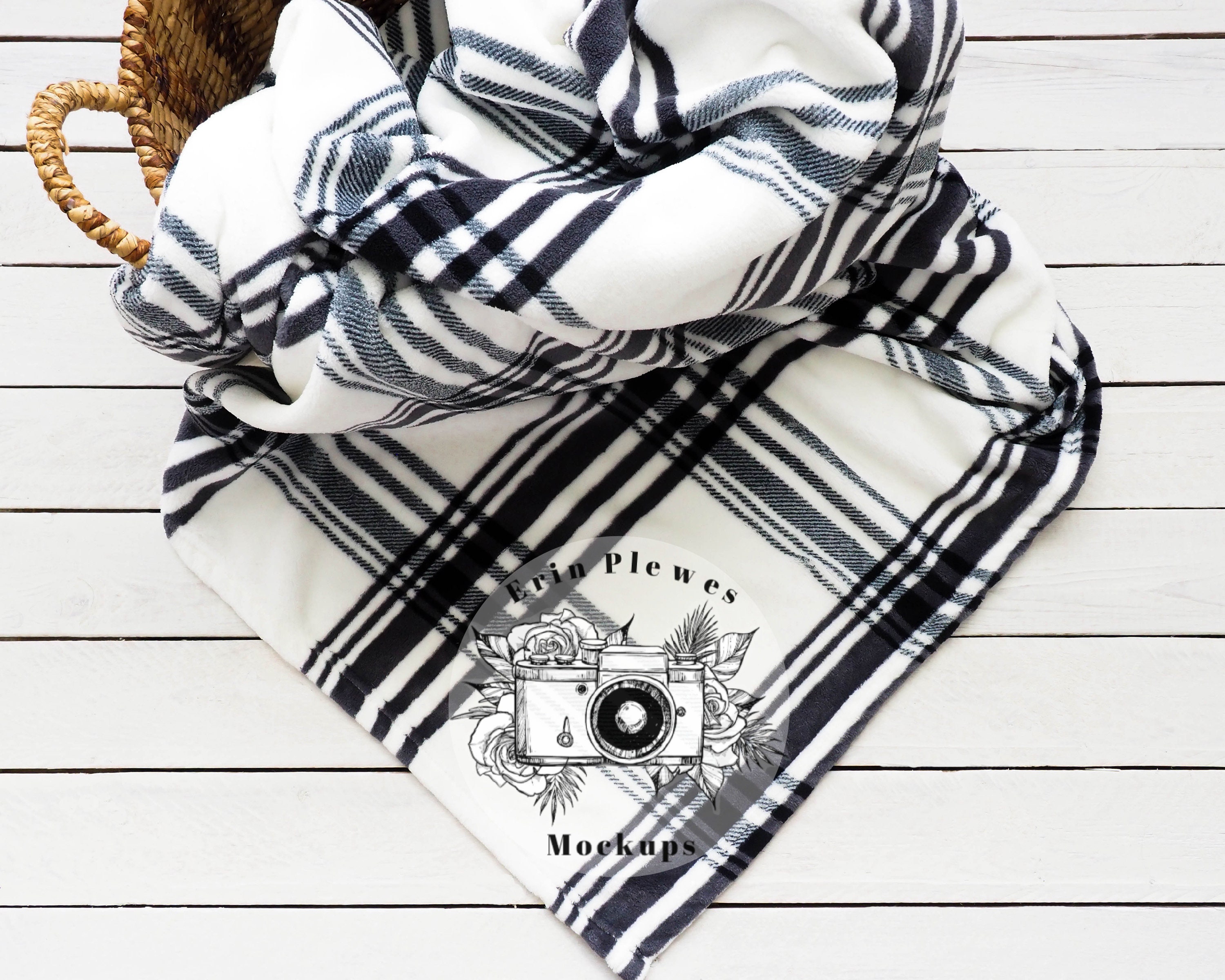 Blanket Mockup Plaid, White and Black Blanket Mock up on Rustic Wood ...