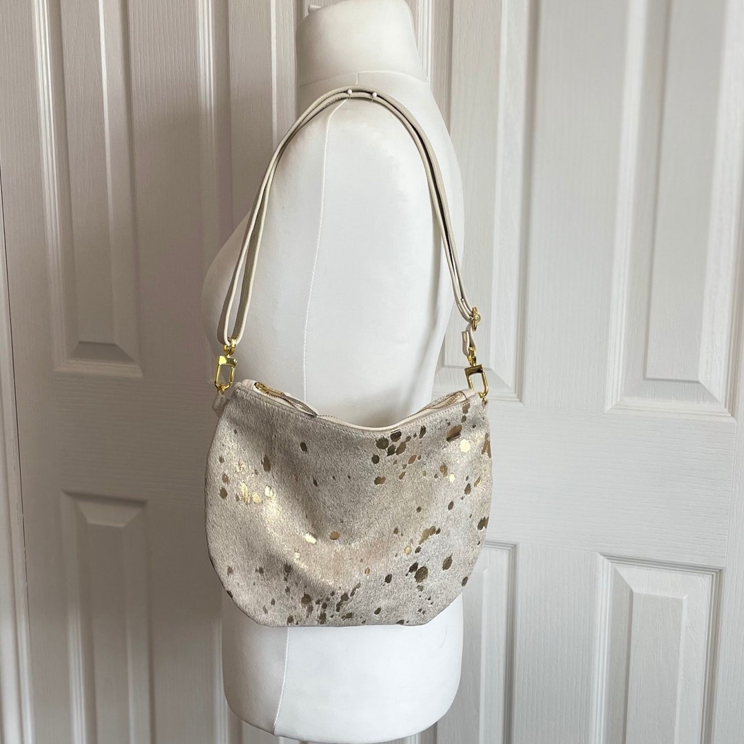 Venturi Gold Metallic Splash Cowhide Crossbody Handbag, Metallic Gold Crossbody Bag, Gold ...